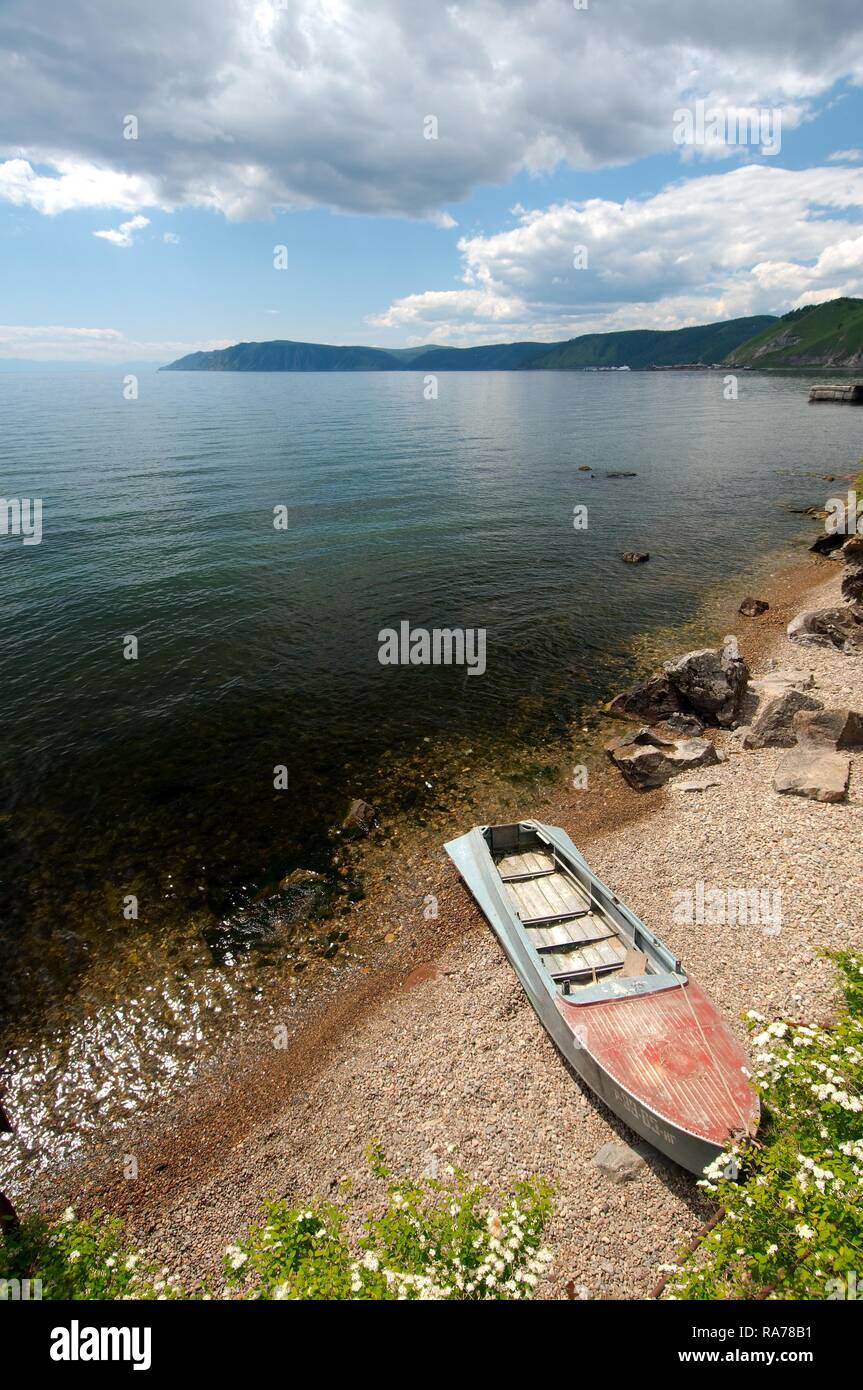 Boat on the shore of Lake Baikal, Irkutsk region, Siberia, Russian ...