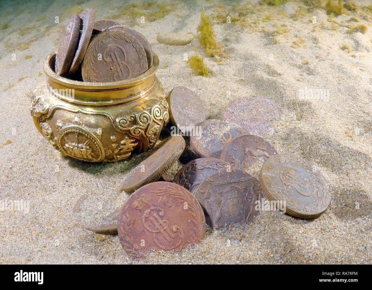 Underwater treasure, vase with the Russian coins of the Siberian ...