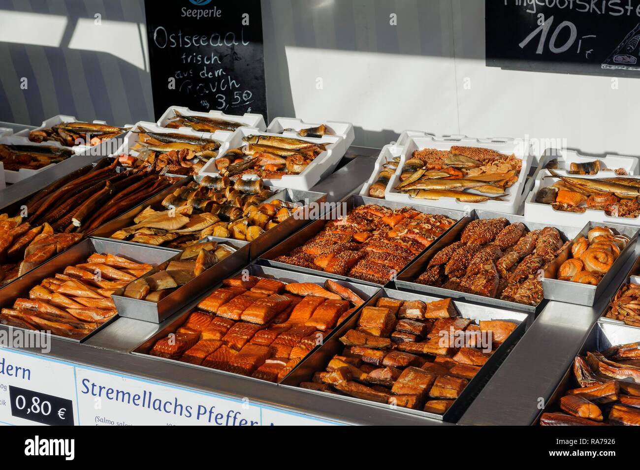 Sale of smoked fish at the old harbour, Wismar, Mecklenburg-Western ...