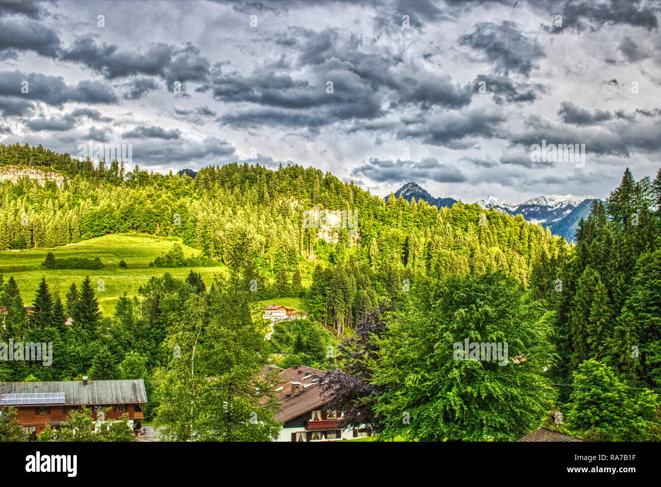 This unique photo shows the landscape with the meadows and forests in ...