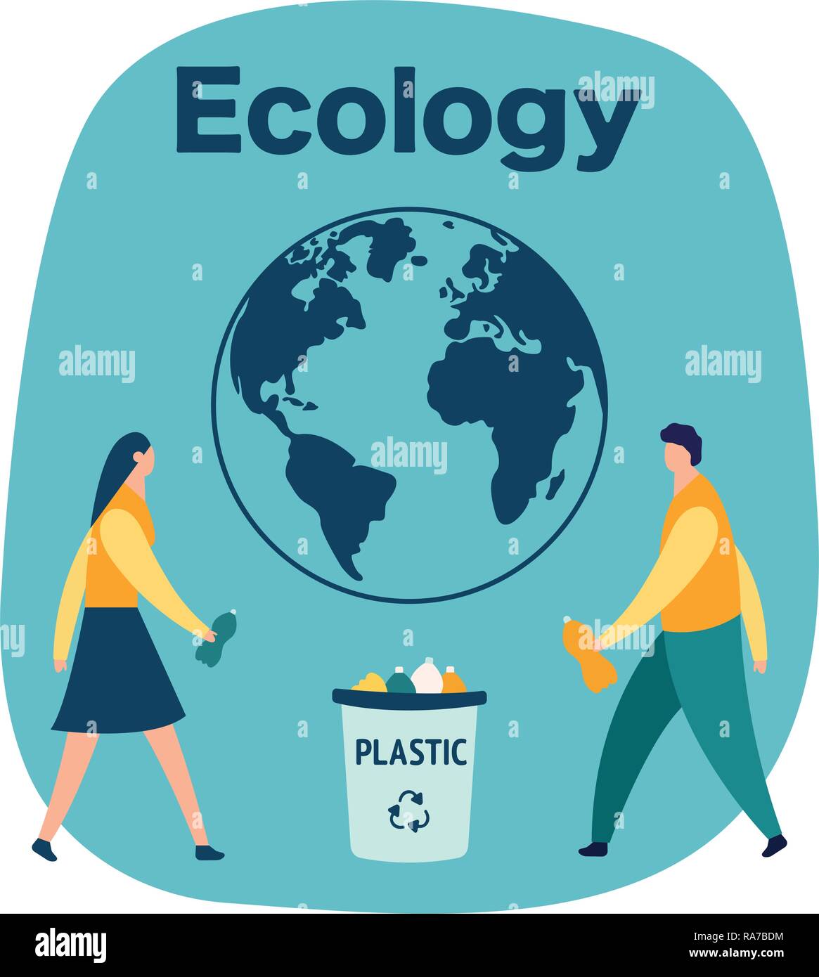 men and woman collect plastic bottles in the trash, waste recycling ...