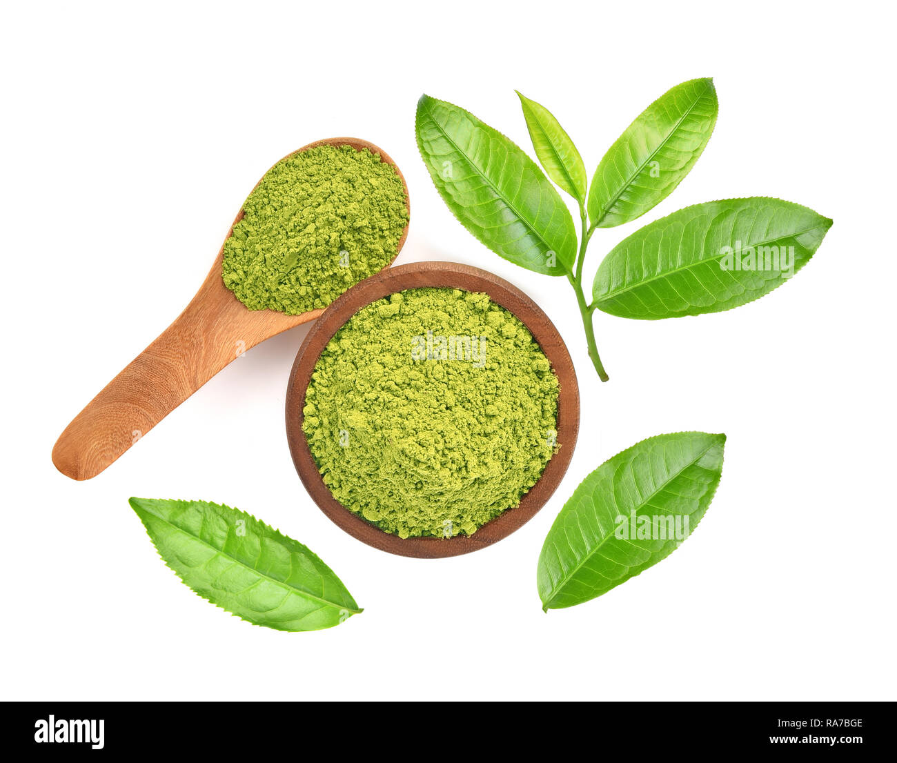 Top view of green tea leaf isolated on white background Stock Photo - Alamy