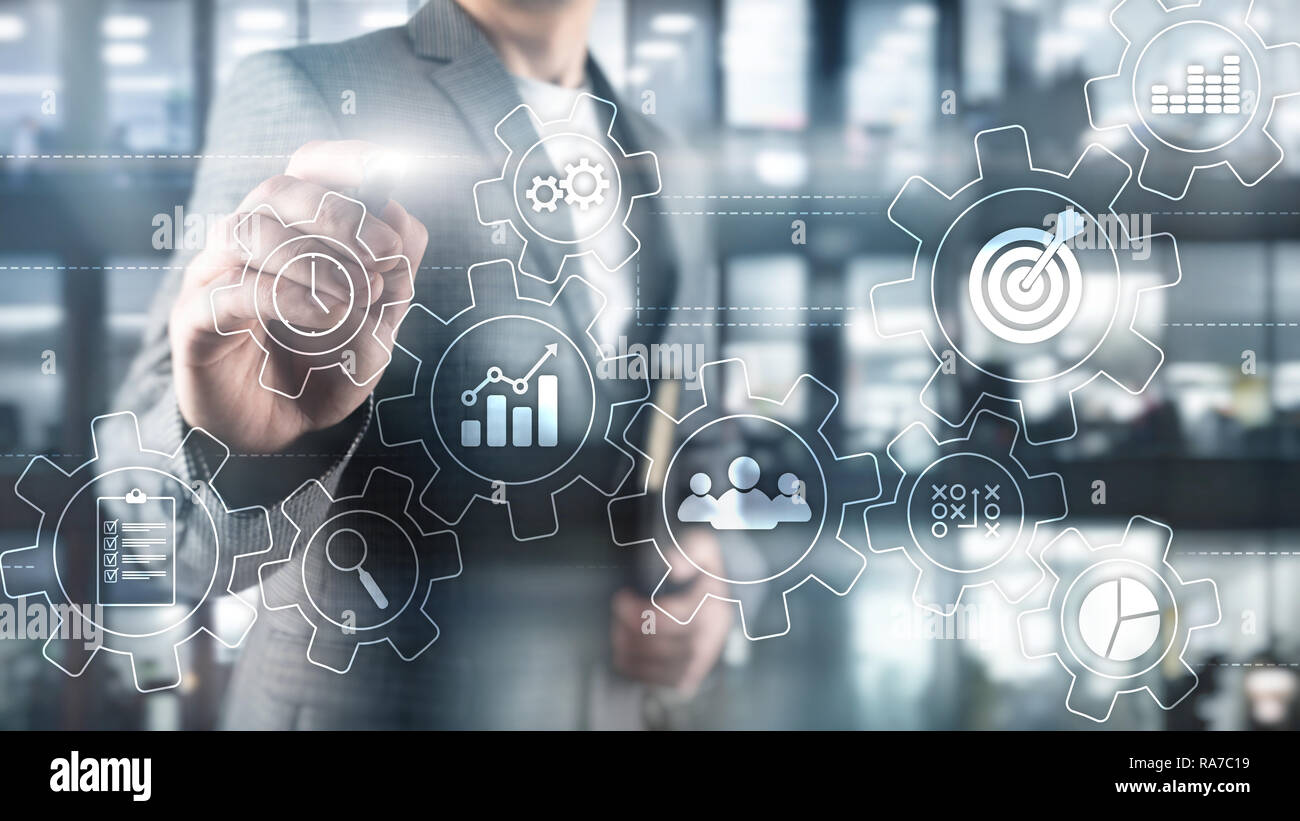 Business process automation concept. Gears and icons on abstract ...