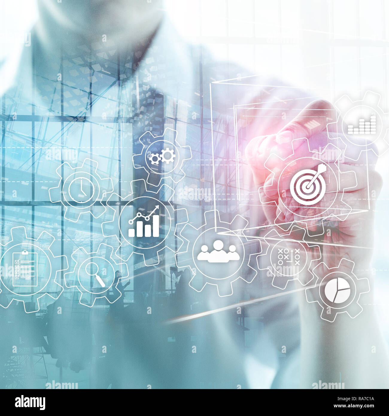 Business process automation concept. Gears and icons on abstract ...