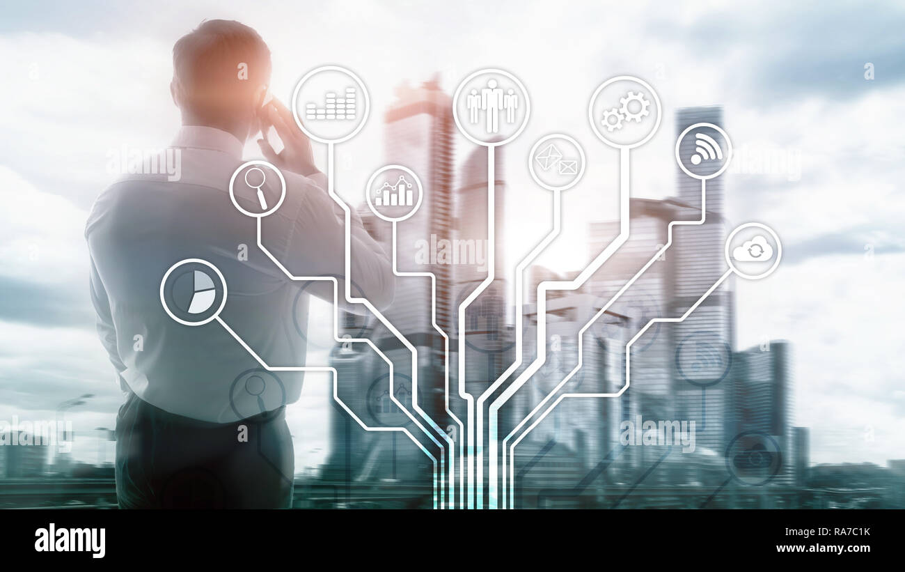 Business applications icons on blurred background. Financial and ...