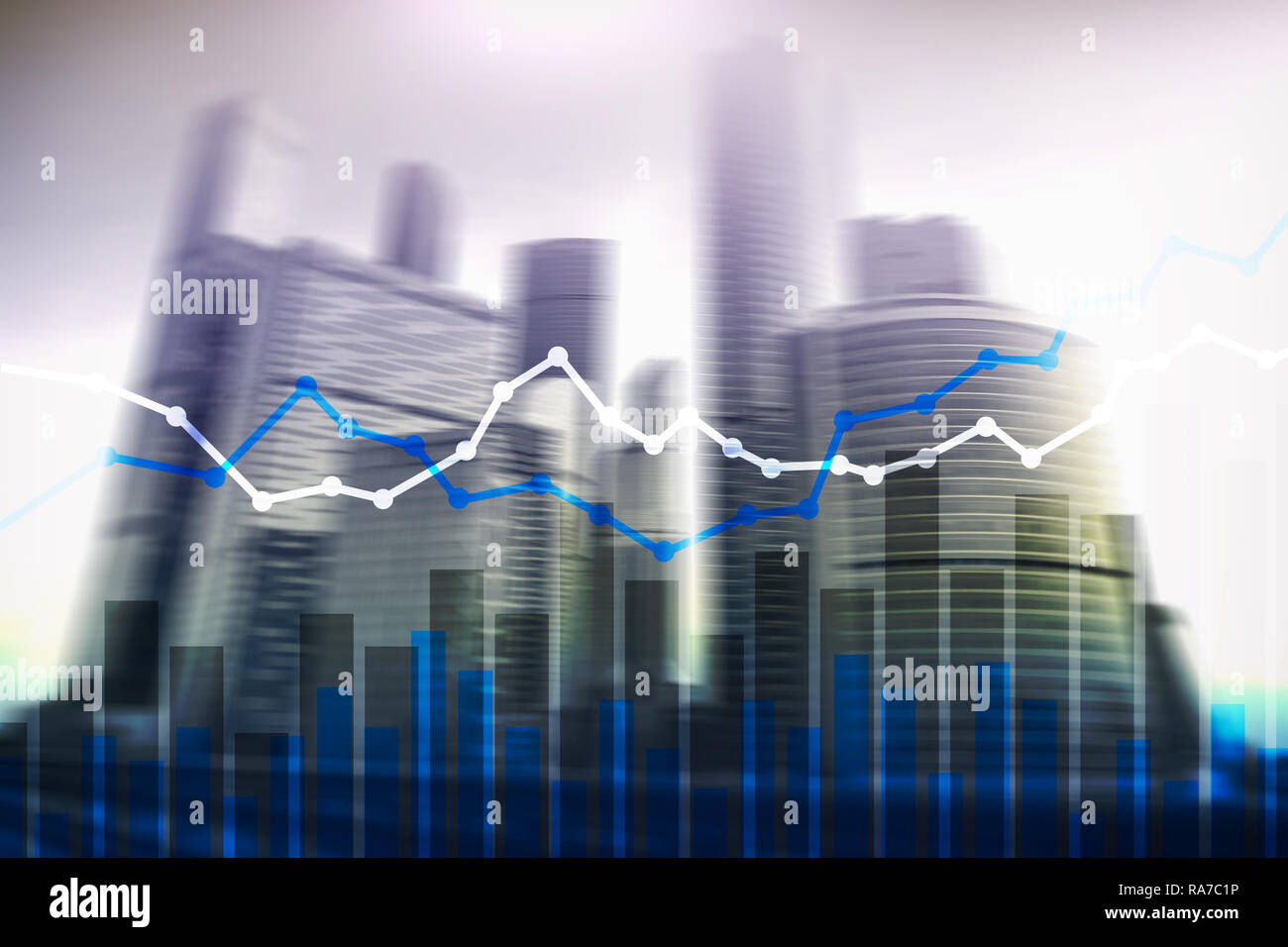 Double exposure financial graphs and diagrams. City business Stock ...