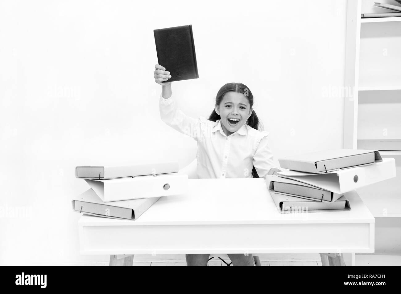 Stress concept. Little girl in stress of paperwork. Cute child need ...