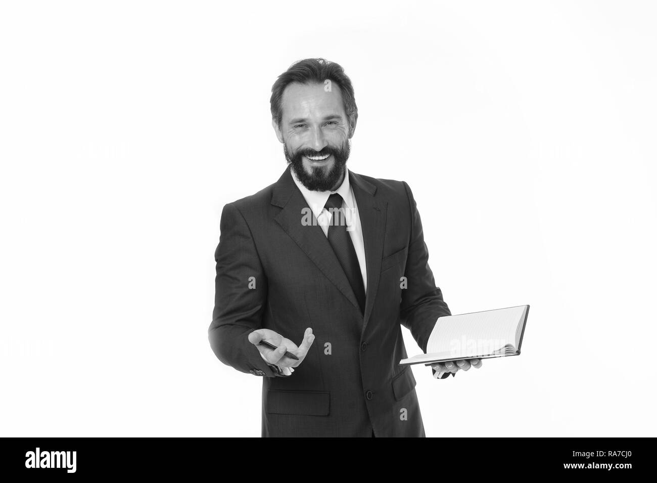 Inspired businessman. Happy man smile with notebook. Businessman with ...