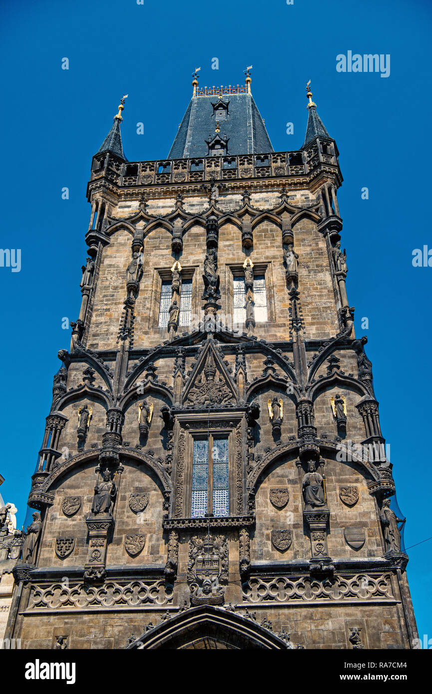 Powder tower in Prague, Czech Republic on blue sky background. Landmark, sightseeing, travelling ...