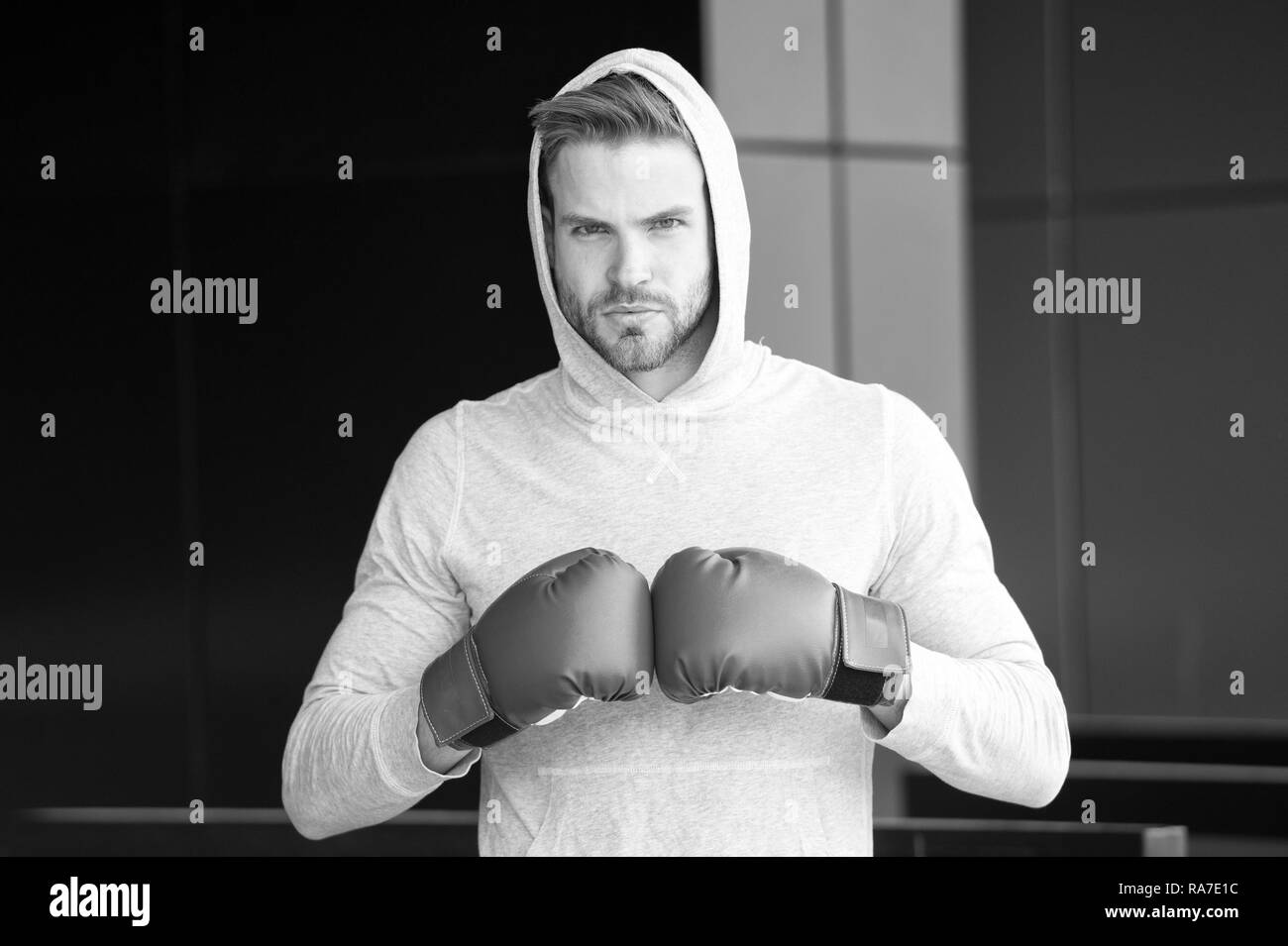 Focused sport goal achievement. Sportsman concentrated training boxing ...