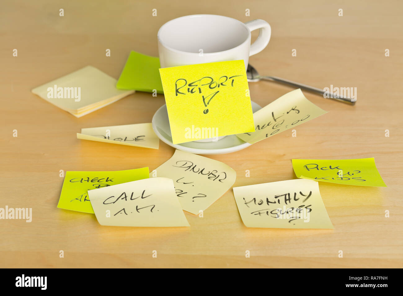 Coffee cup covered with sticky notes with different appointments on ...
