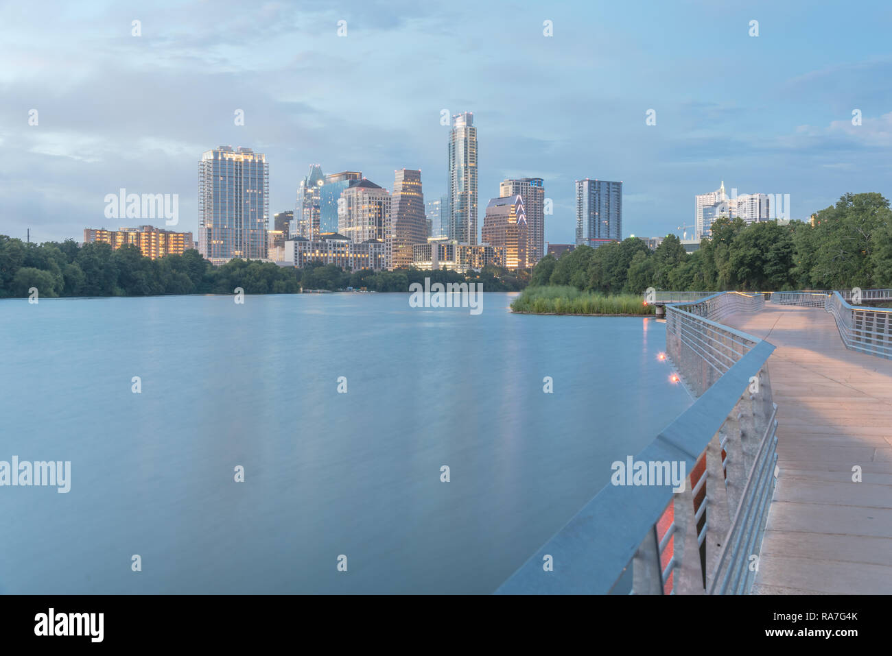 Austin downtown skyscraper reflection along Colorado River at da Stock ...