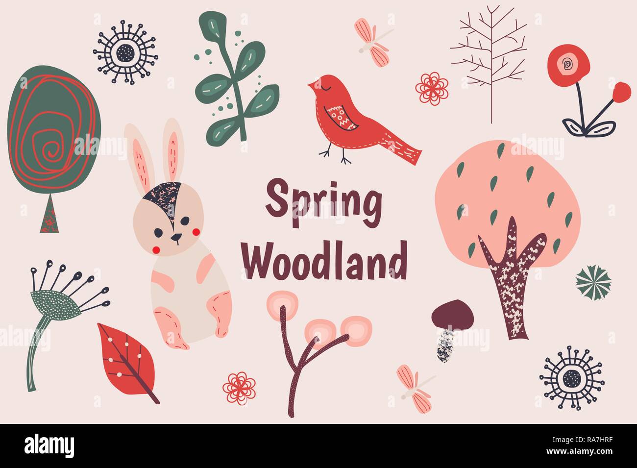 Spring woodland clip art. Hand drawn elements. Vector illustration ...