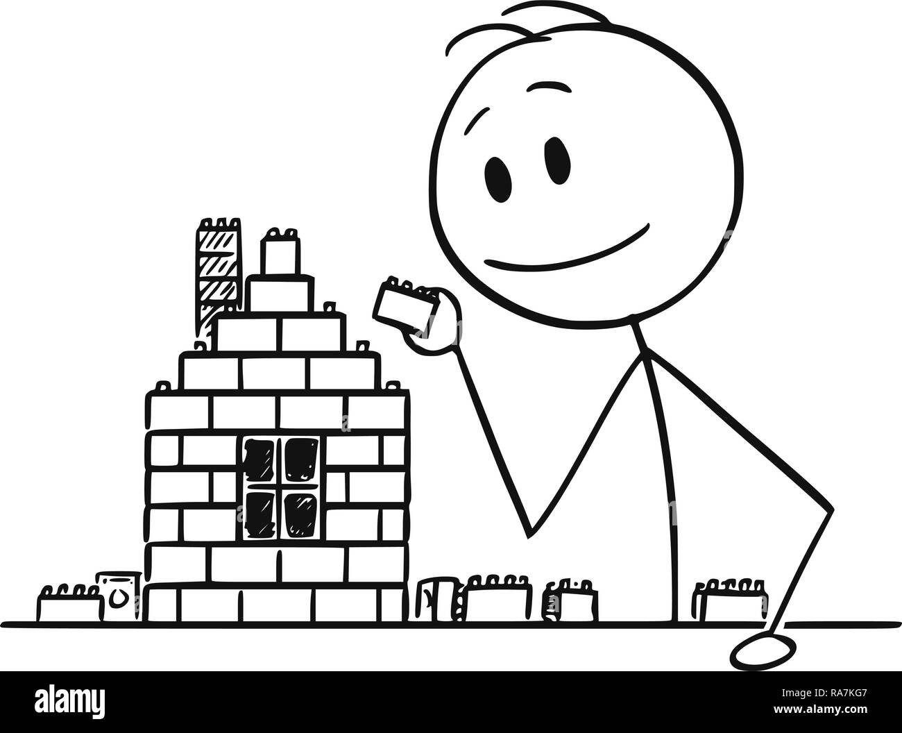 Cartoon of Boy, Man or Businessman Building House From Brick or Block ...
