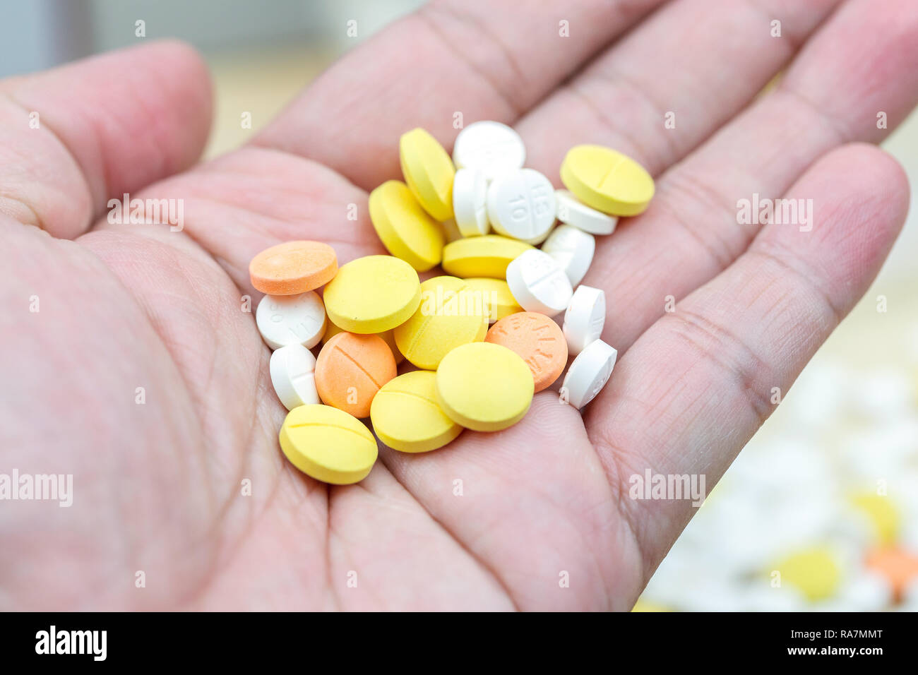 Colorful pills and drugs in close up. Assorted pills and drugs in ...