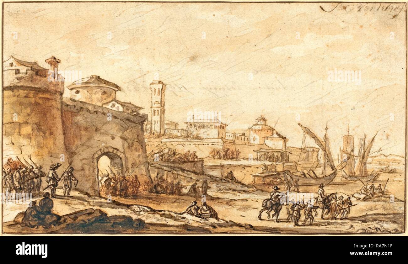 Jacob van der Ulft, Dutch (1621-1689), A Coastal Scene with a Fortified Town, c. 1670, pen and ...