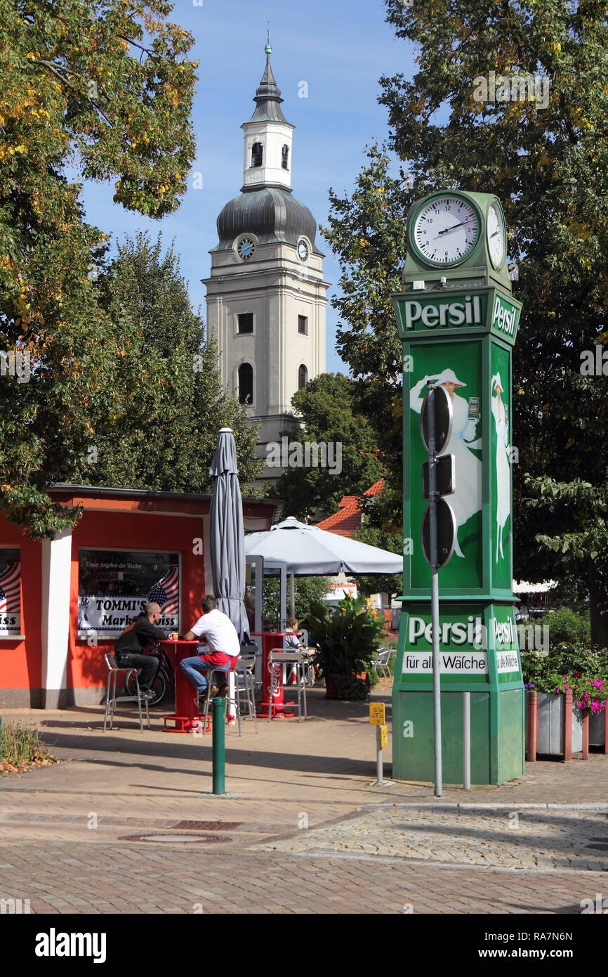 Kiosk, St. Trinity church and Persil-clock in Genthin, Germany Stock ...