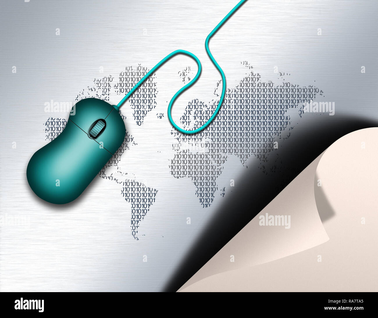 A curled paper and a computer mouse. World map background Stock Photo ...