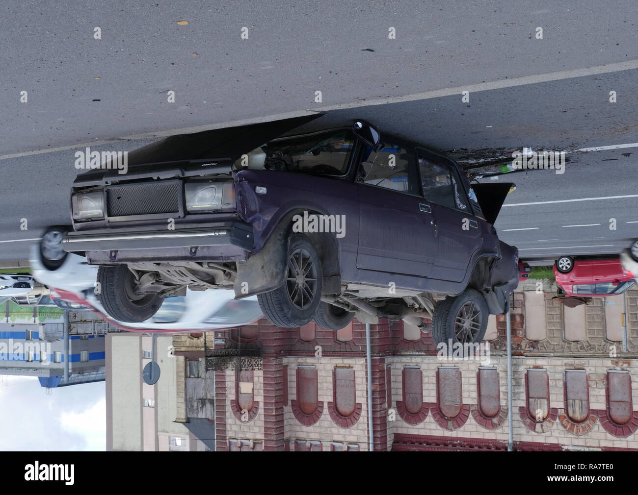 upside down car, flight and landing on the roof Stock Photo - Alamy