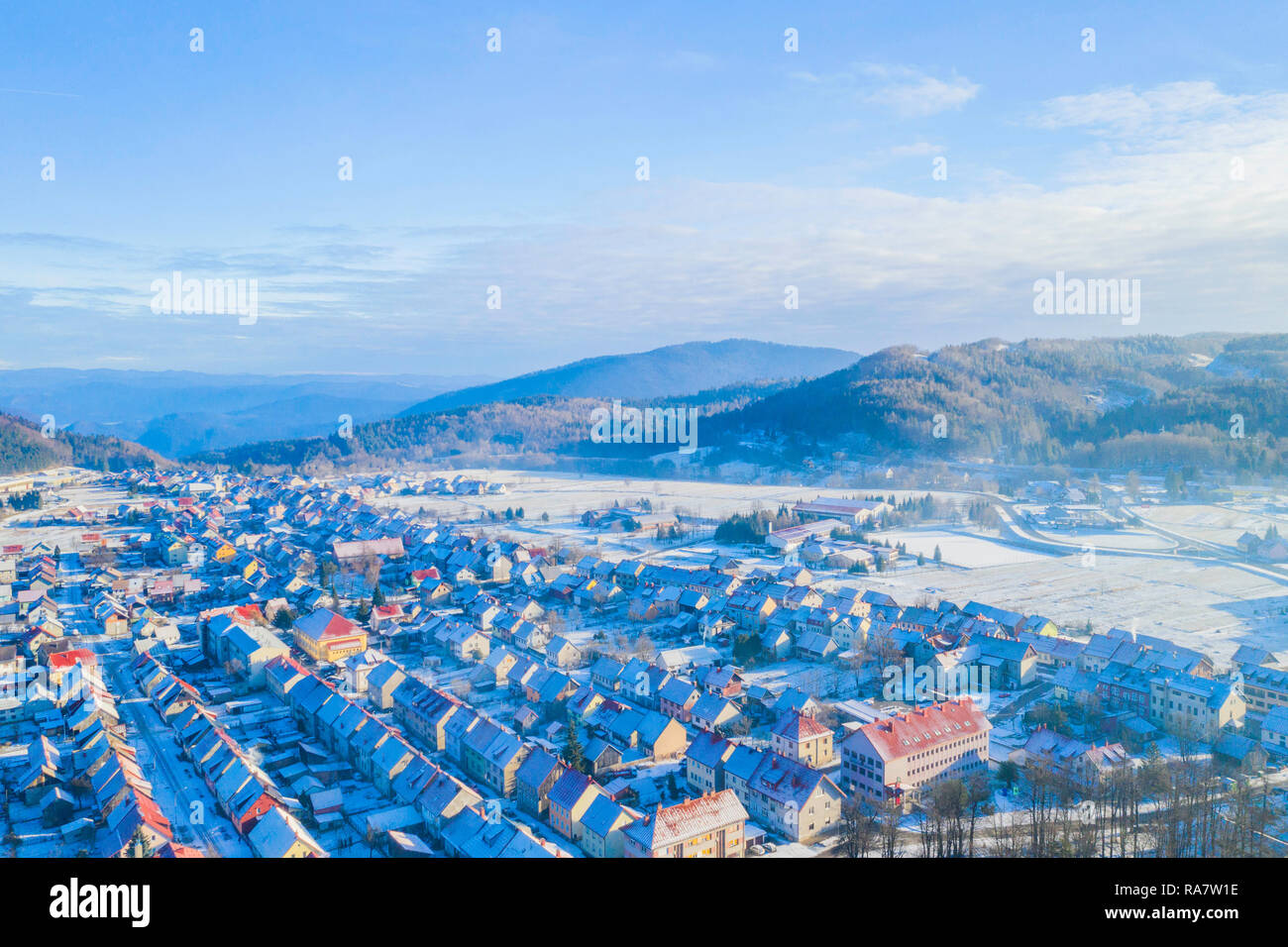Croatia, Delnice, Gorski kotar, panoramic view of town center from ...
