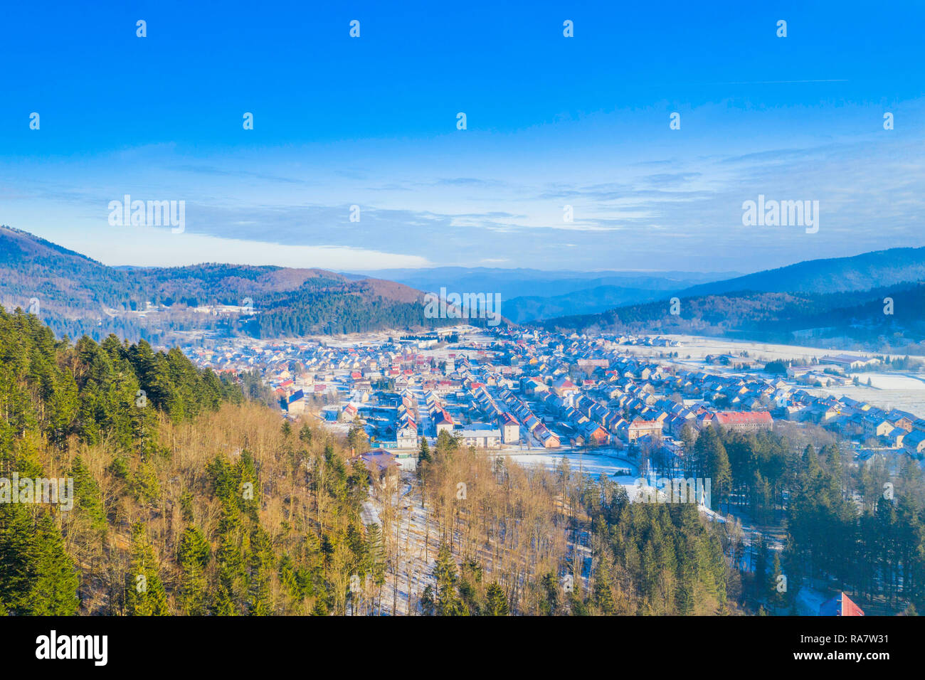Croatia, Delnice, Gorski kotar, panoramic view of town center from ...