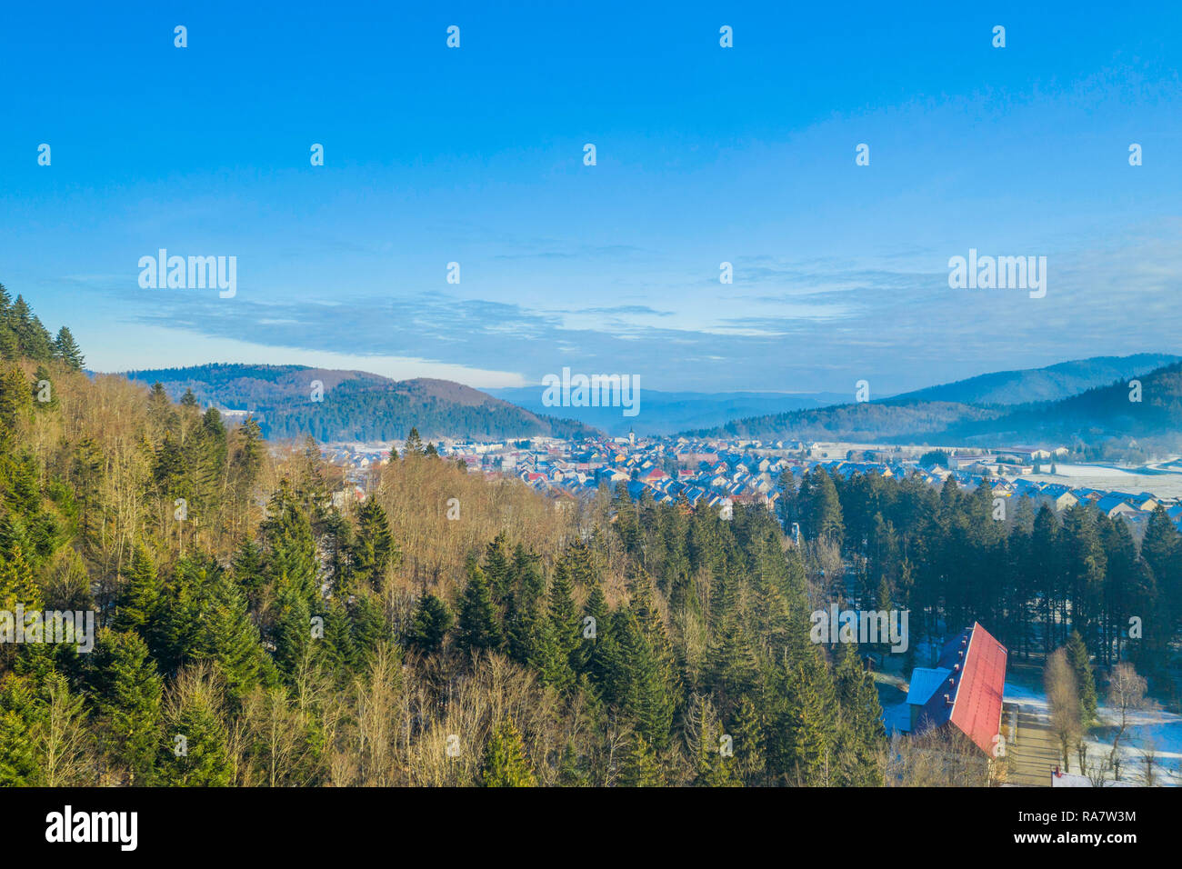 Croatia, Delnice, Gorski kotar, panoramic view of town center from ...