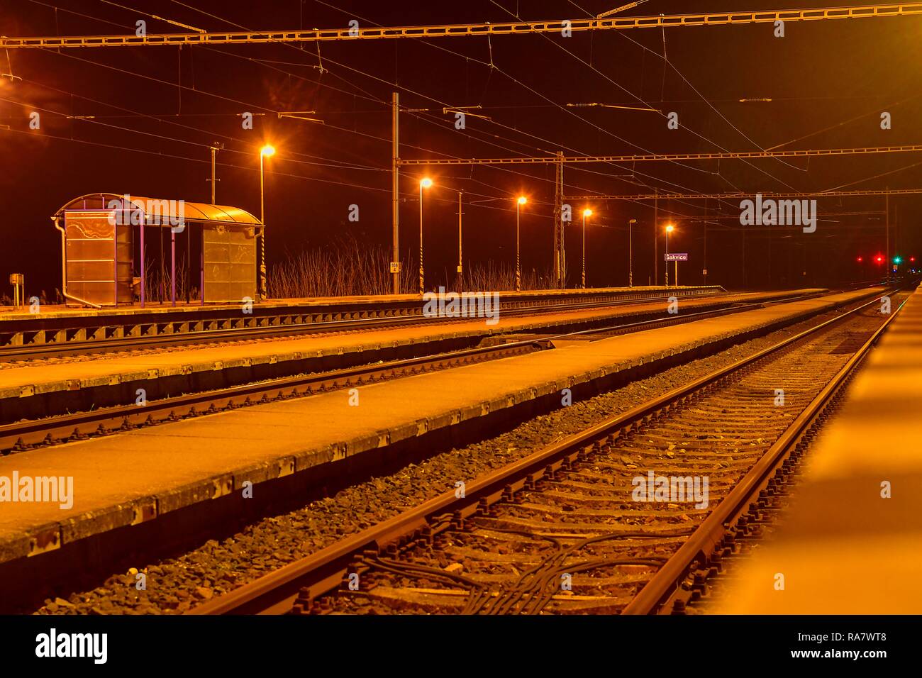 A small roofless train station at night in the Czech Republic Stock ...