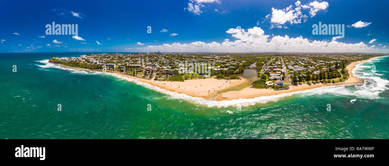 Aerial panoramic images of Dicky Beach, Caloundra, Queensland ...