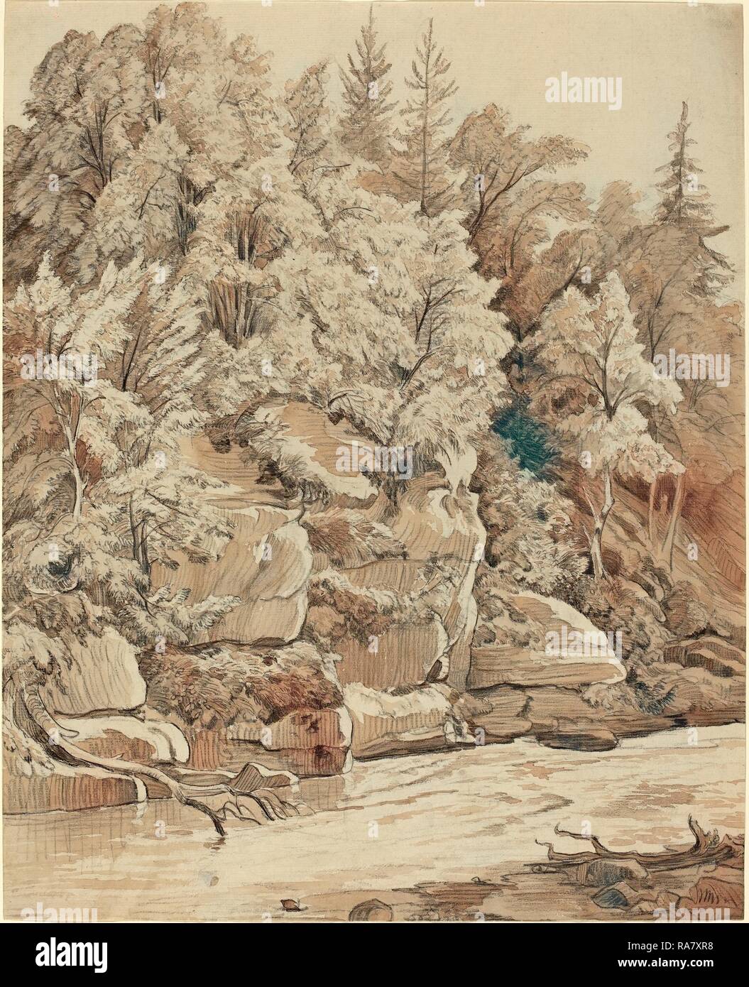 Carl Wagner (German, 1796 - 1867), Wooded Cliffs along a Stream, 1840s ...