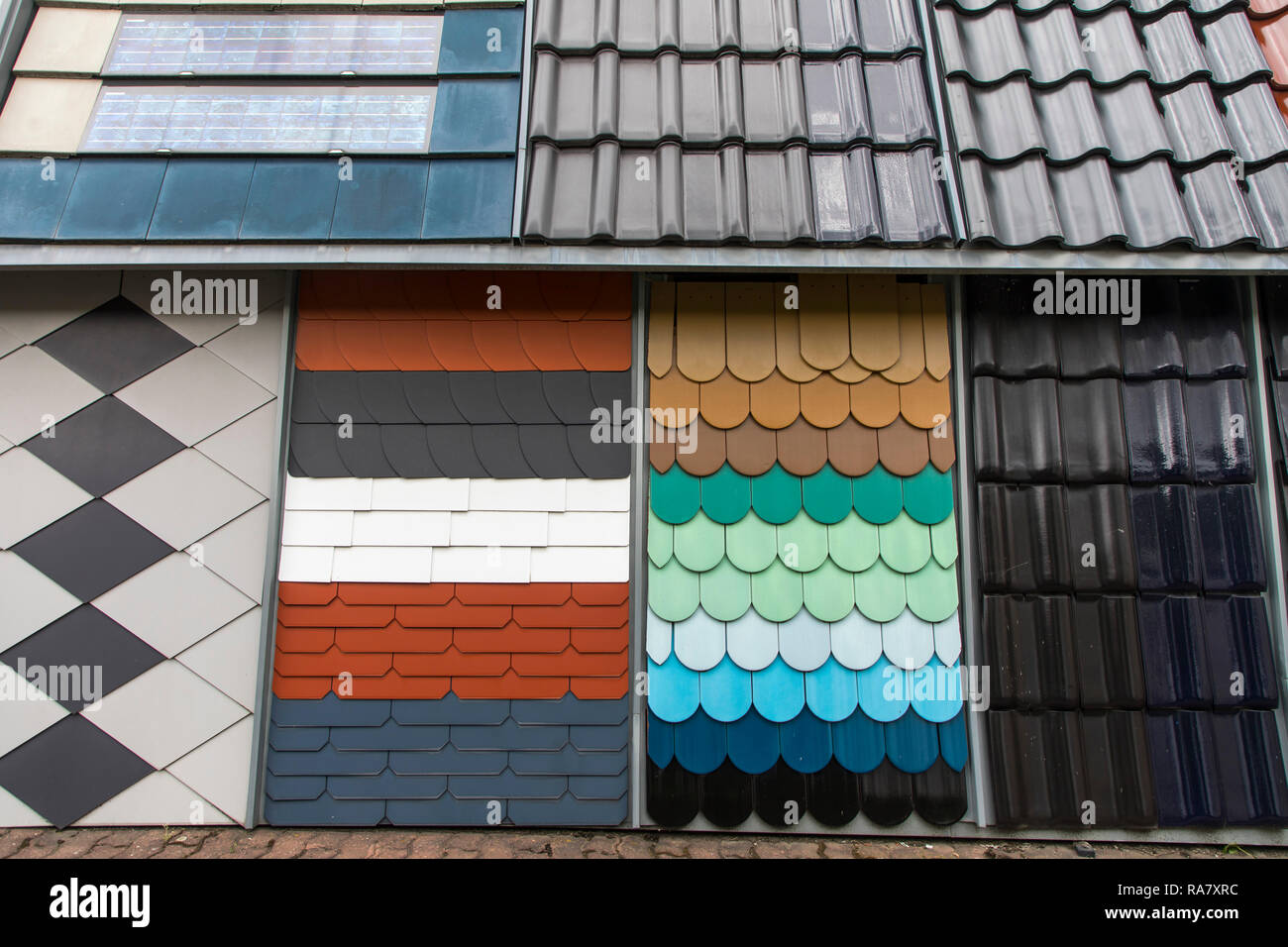 Sample exhibition of a roofer company, various roof tiles, shingles ...