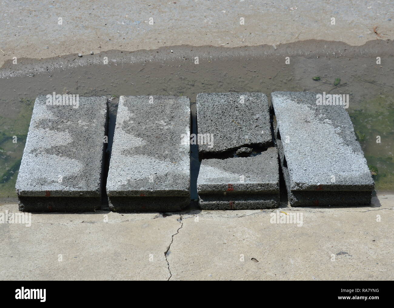 broken brick on the walkway for cross over flooding Stock Photo - Alamy