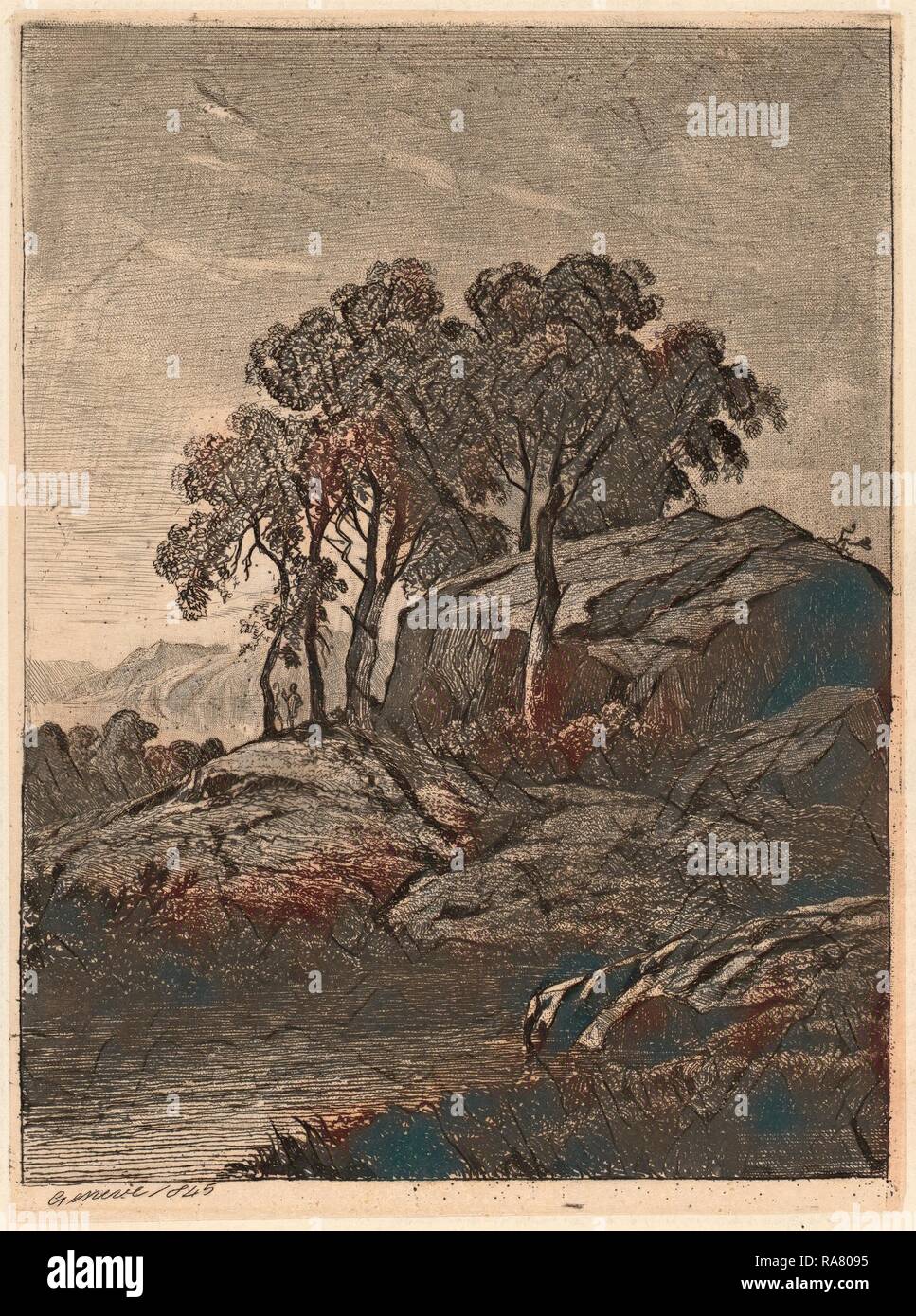 Alexandre Calame, Trees by a Rock, Swiss, 1810 - 1864, 1845, etching ...