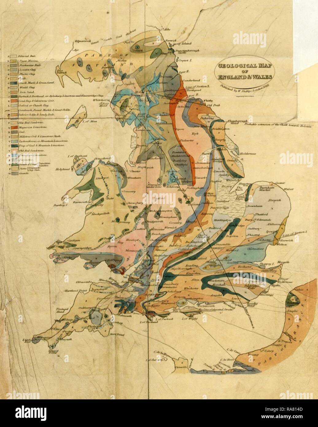 Outlines of the Geology of England and Wales, map, 19th century ...