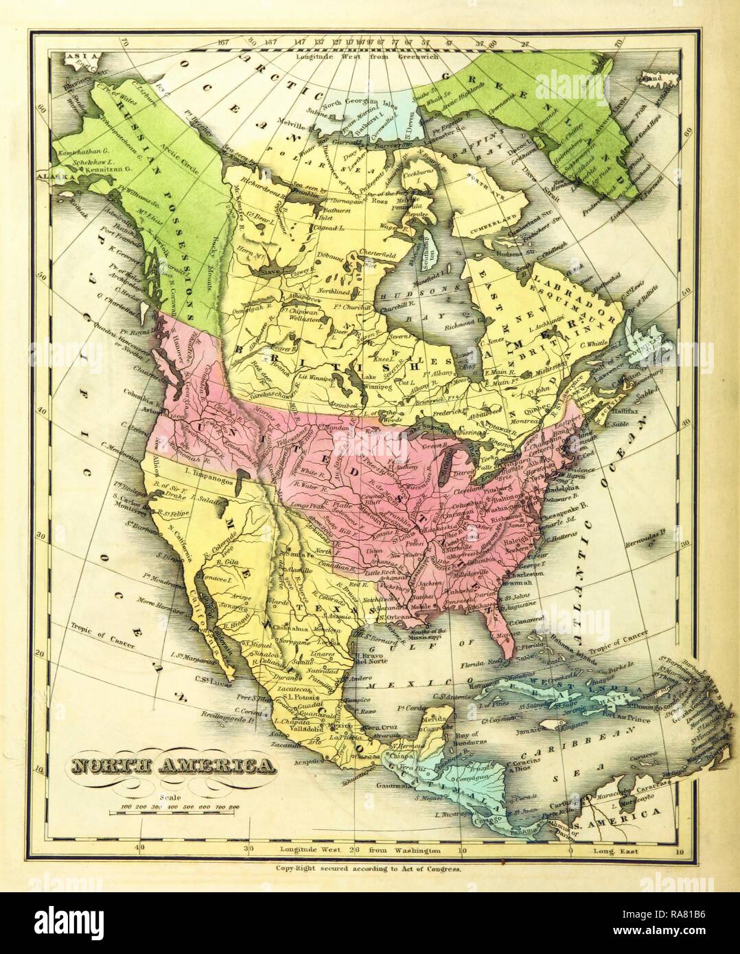 Map North America, 19th century engraving. Reimagined by Gibon. Classic ...
