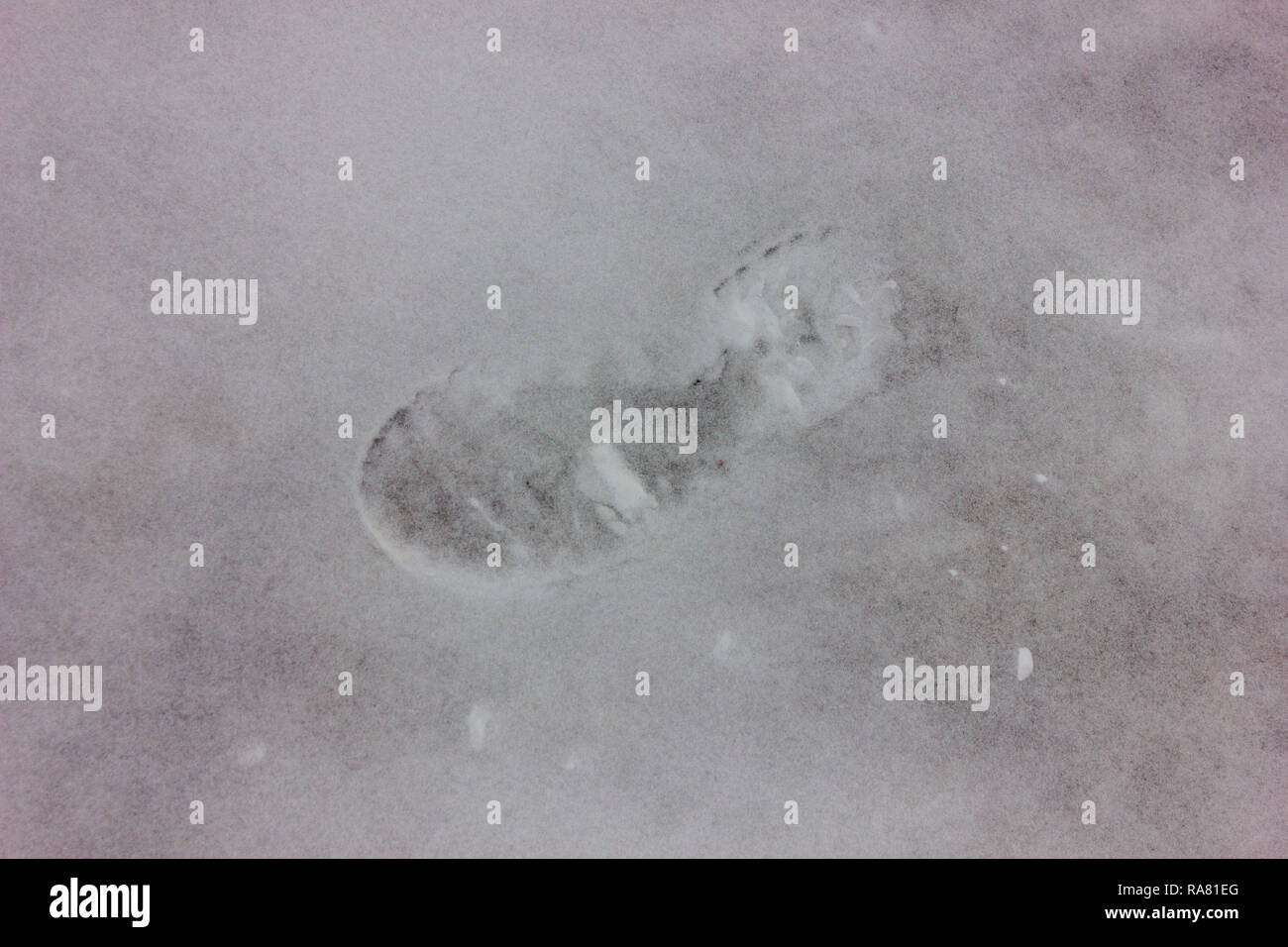 Closeup of shoe print in snow, overhead view. shoe imprint on snow ...