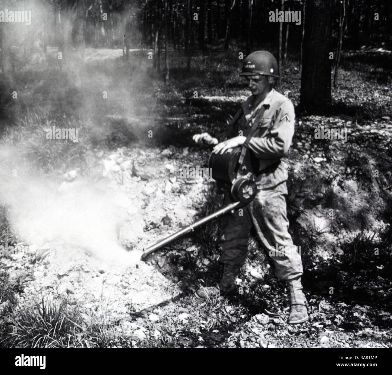 A serviceman in military uniform operates a hand-held sprayer in a ...
