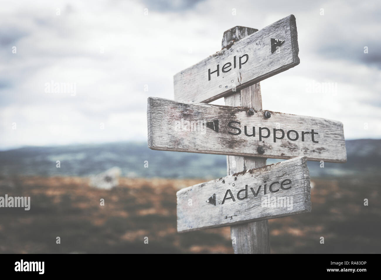 Help, support and advice signpost. Nature, adventure, message, text ...