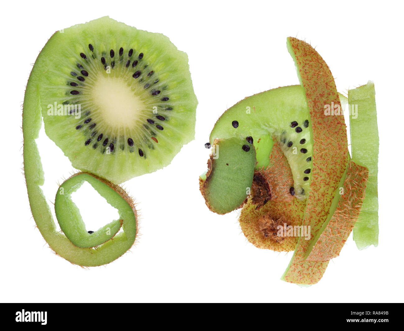 Long green an haired brown skins from peeled ripe kiwi apteryx fruit ...
