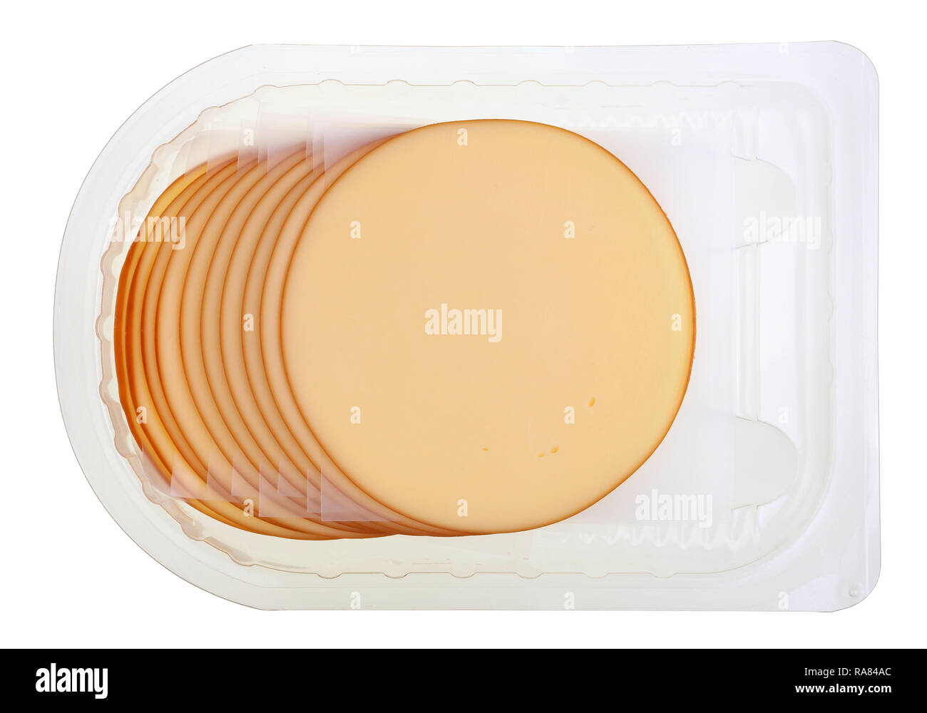 Round sheets slices of melted smoked cheese in plastic container ...