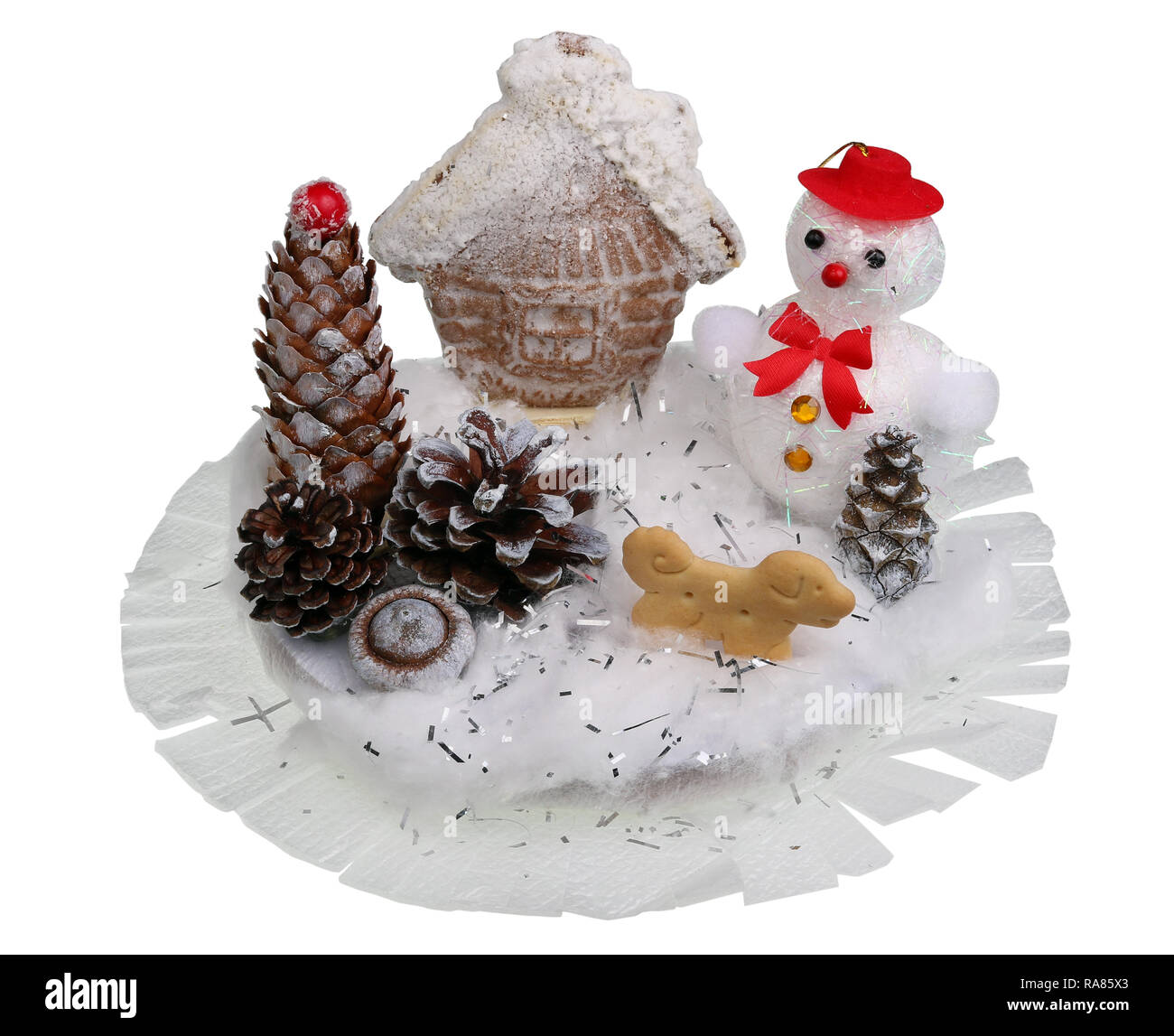 Christmas handmade installation with gingerbread house in rural style ...