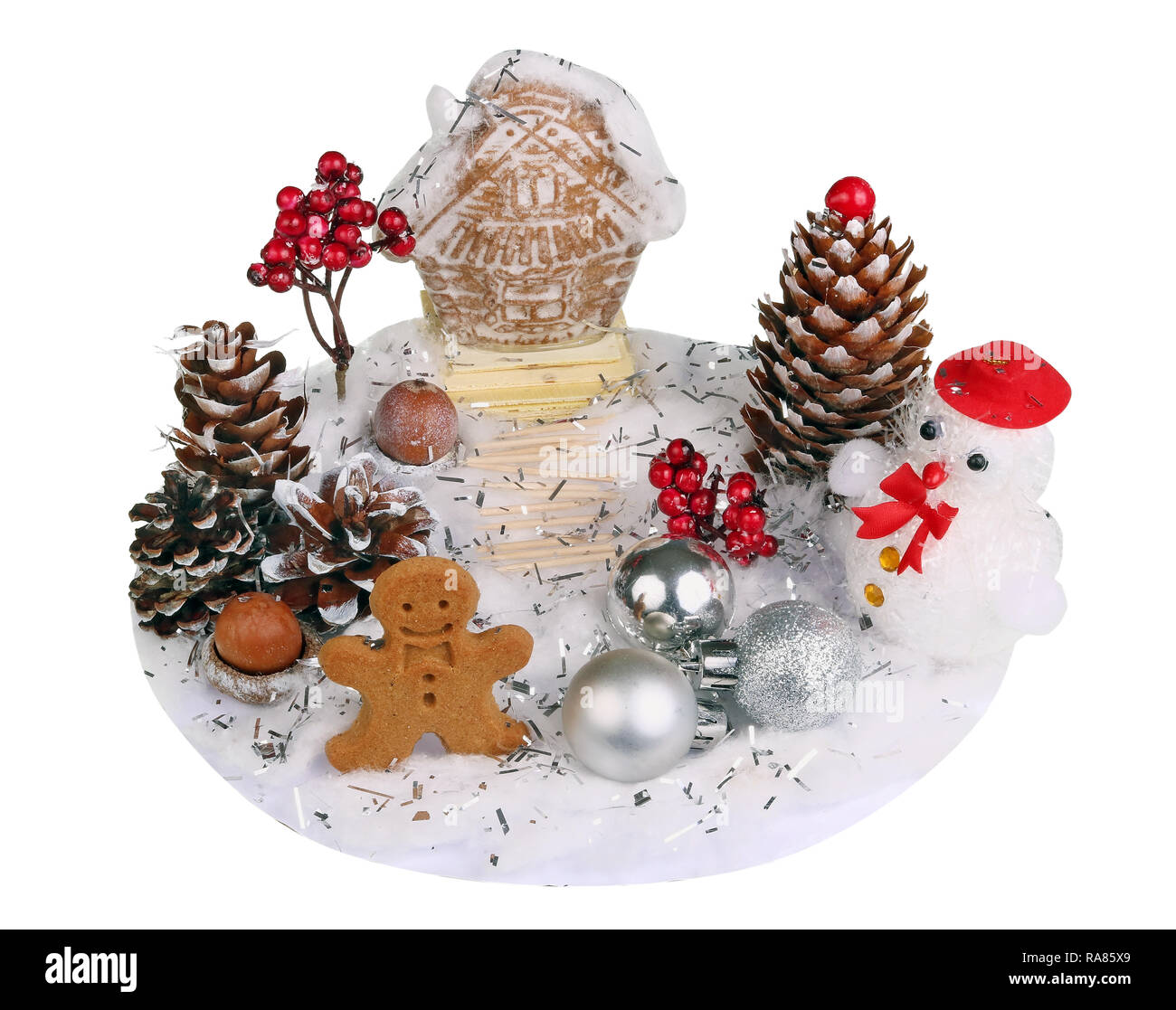 Christmas handmade installation with gingerbread house in rural style ...