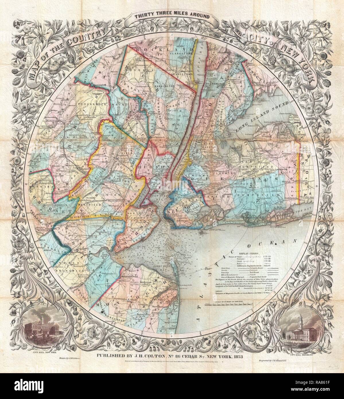 1853, Colton Map of New York and Vicinity, 33 Miles Around. Reimagined ...