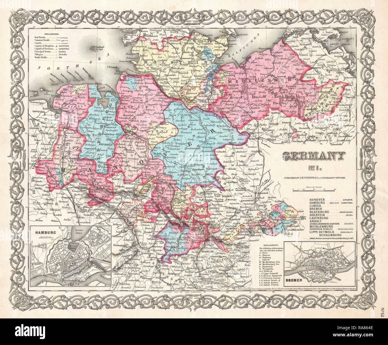 1855, Colton Map of Hanover and Holstein, Germany. Reimagined by Gibon ...