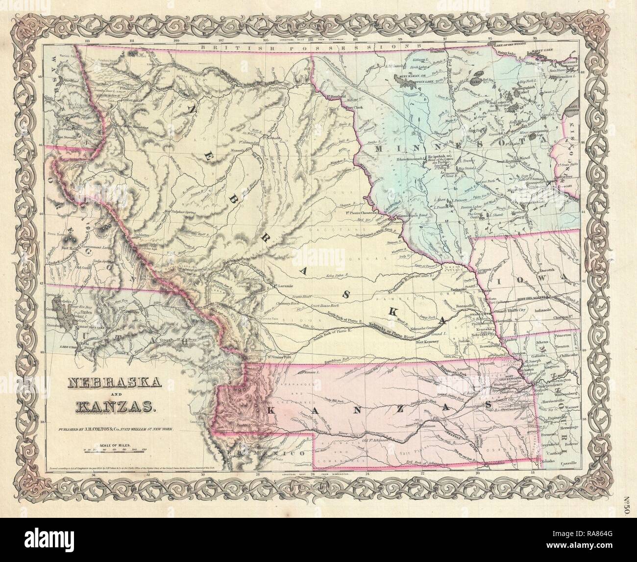 1855, Colton Map of Kansas and Nebraska, first edition. Reimagined by ...