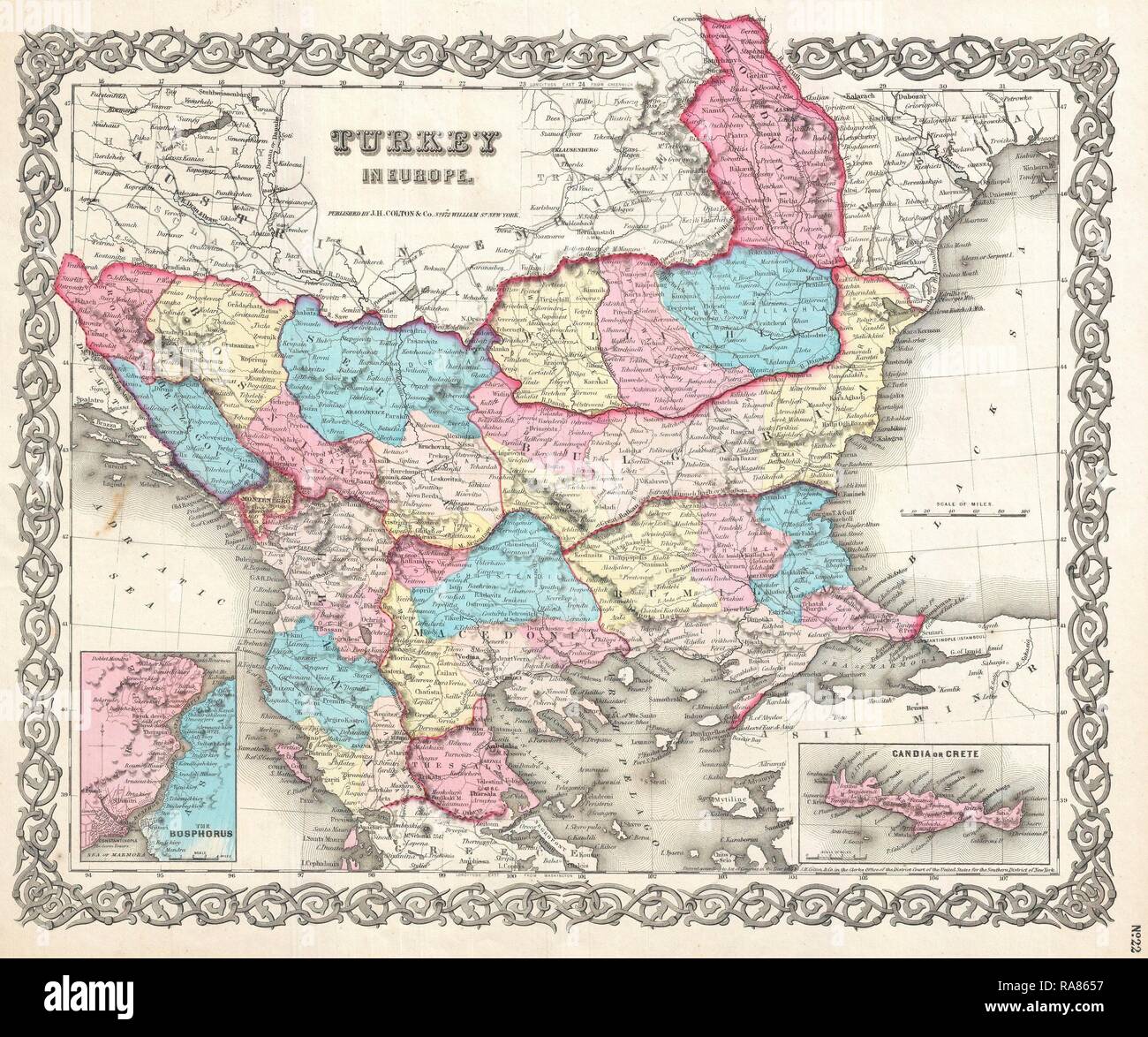 1855, Colton Map of Turkey in Europe, Macedonia, and the Balkans ...