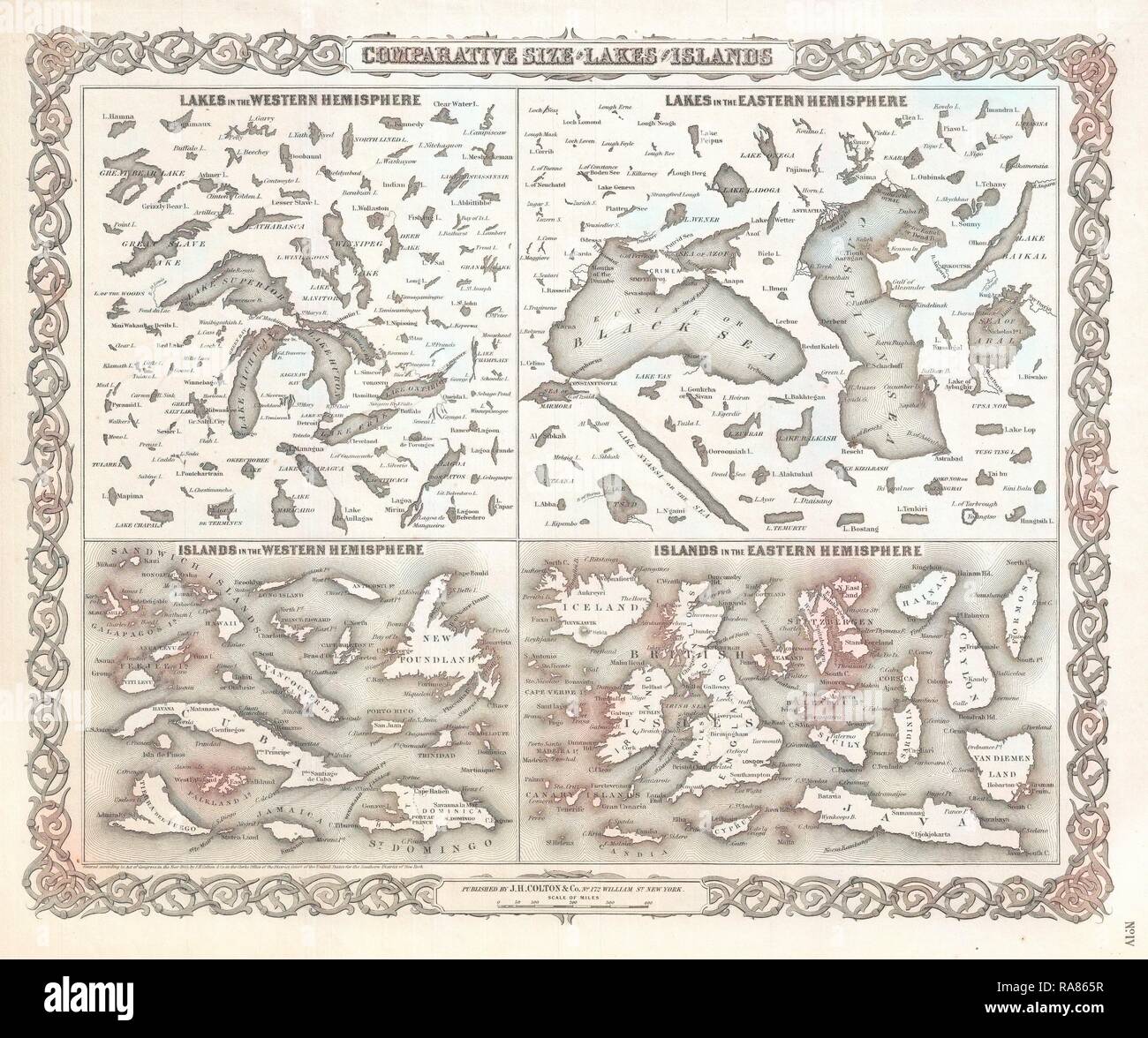 1855, Colton Map or Comparative Chart of the World's Islands and Lakes ...