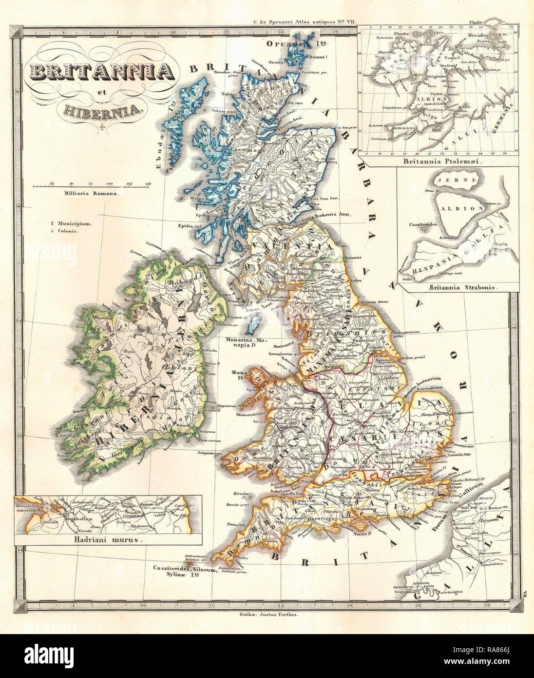 1855, Spruneri Map of the British Isles, Britannia and Hibernia, in ...
