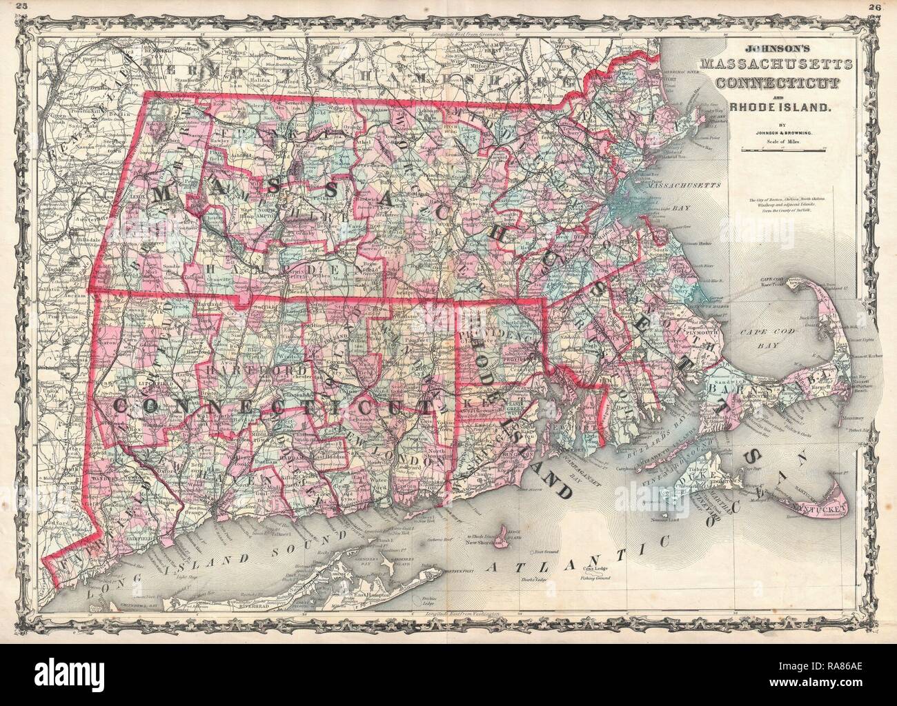 1861, Johnson Map of Massachusetts, Connecticut and Rhode Island ...
