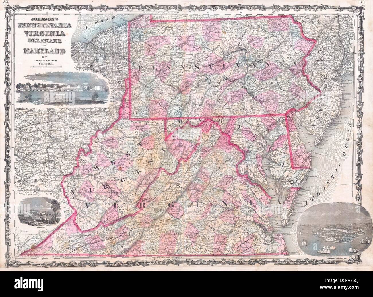 1863, Johnson Map of Virginia, Maryland, Delaware and Pennsylvania ...