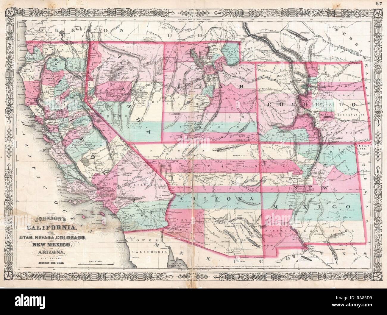 1864, Johnson Map of California, Nevada, Utah, Arizona, New Mexico and ...
